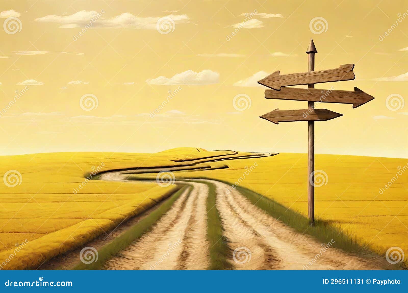 Yellow Field Signpost Arrows Displaying Three Different Courses. Stock ...