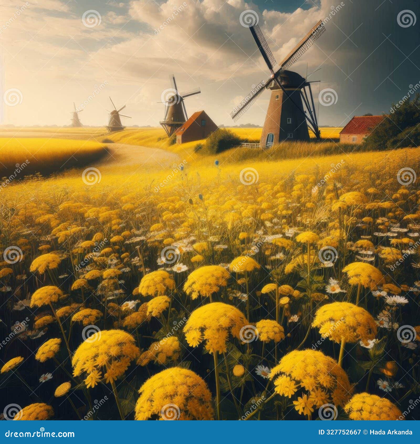 Yellow Field Of Wildflowers And Oilseed Plants With A Windmill In View ...