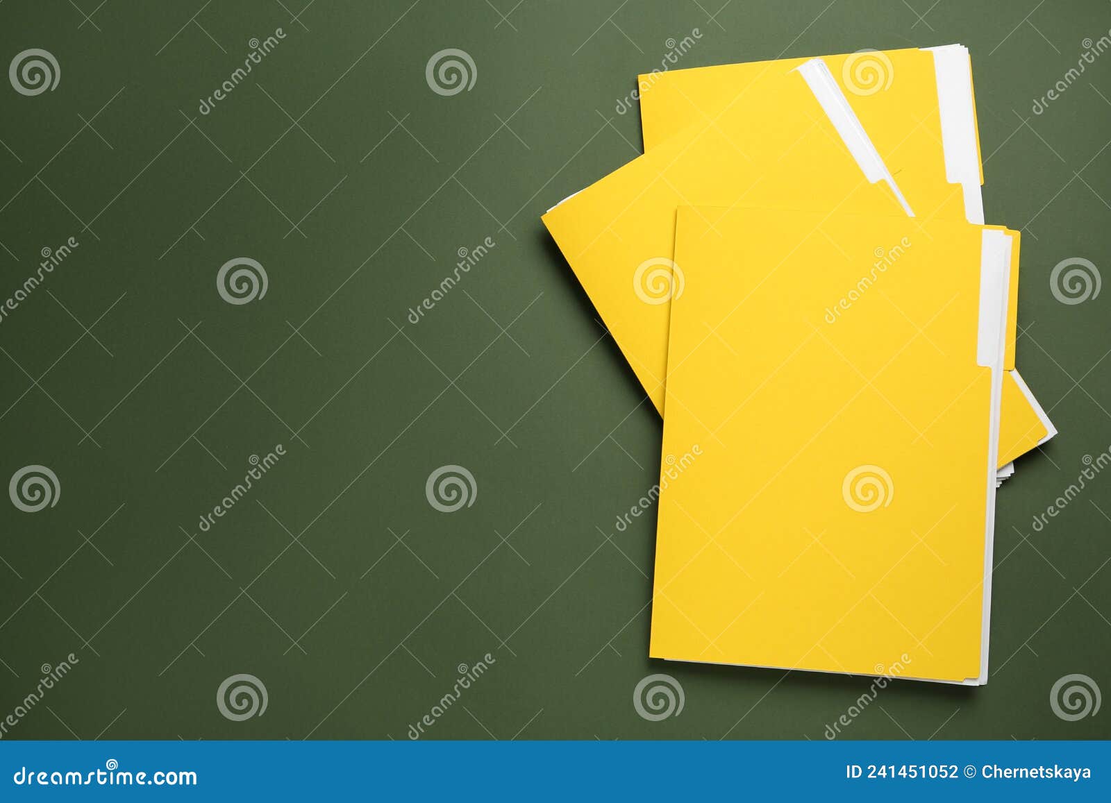 Yellow Files with Documents on Dark Green Background, Top View. Space ...