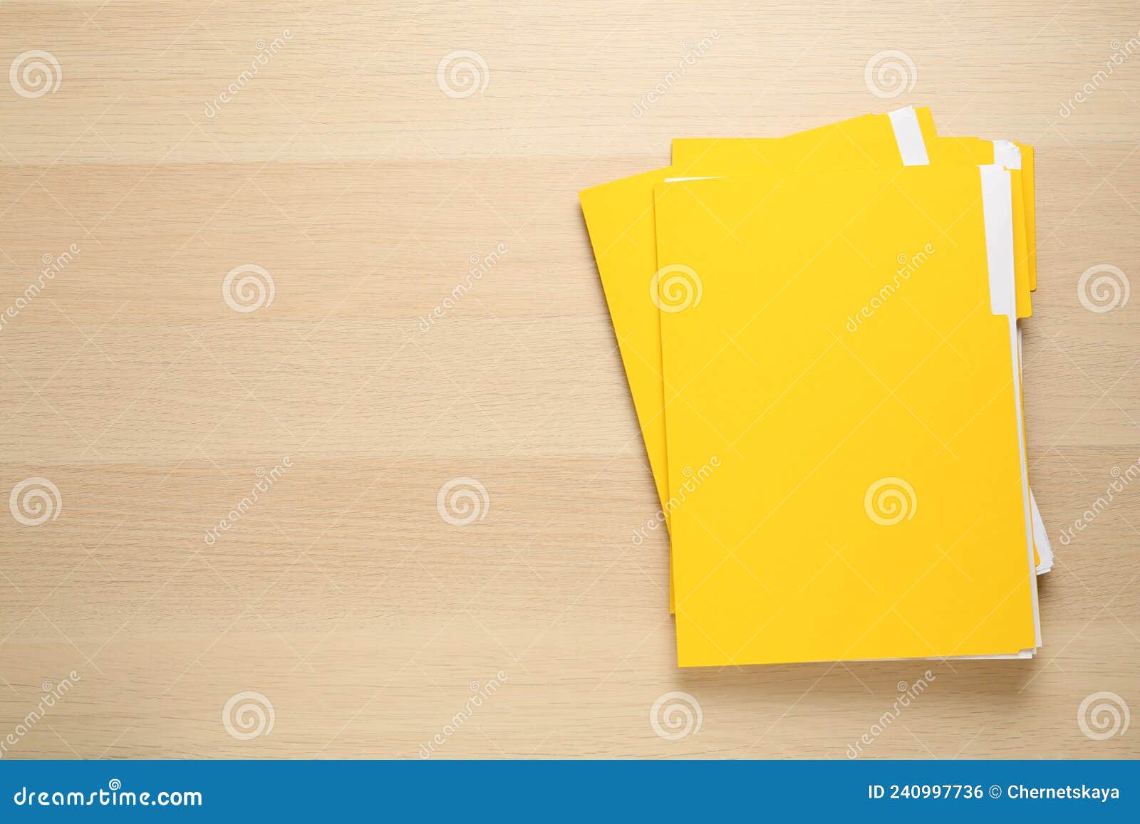 Yellow Files with Documents on Wooden Table, Top View. Space for Text ...