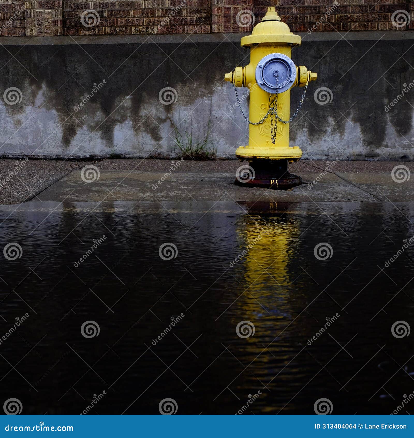 Yellow Fire Hydrant Reflected in Pool of Water Flood Stock Photo ...