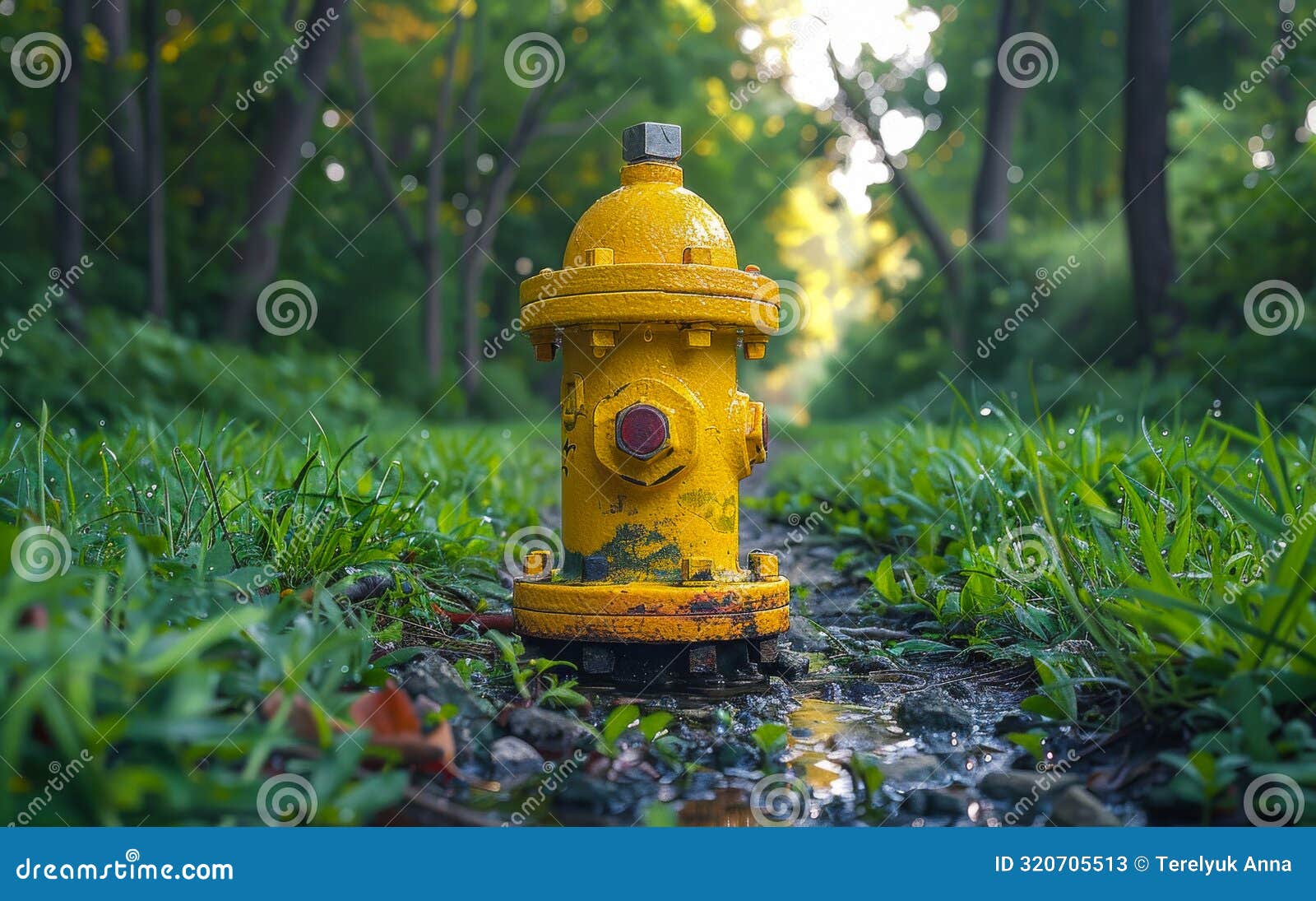 Yellow Fire Hydrant is Surrounded by Green Grass and Trees in Forest ...