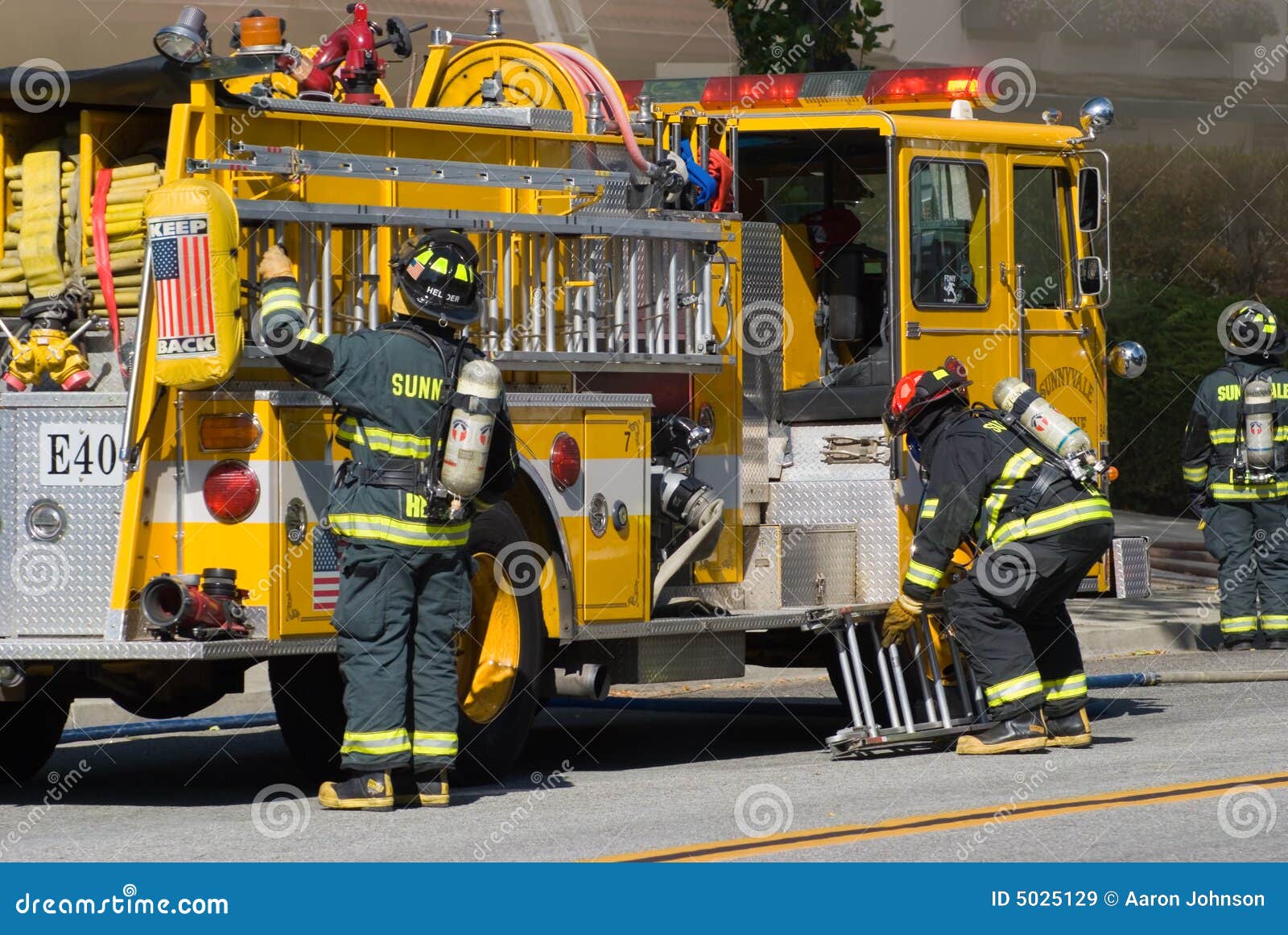 Yellow Fire Truck and Firefighters Stock Image - Image of burn ...