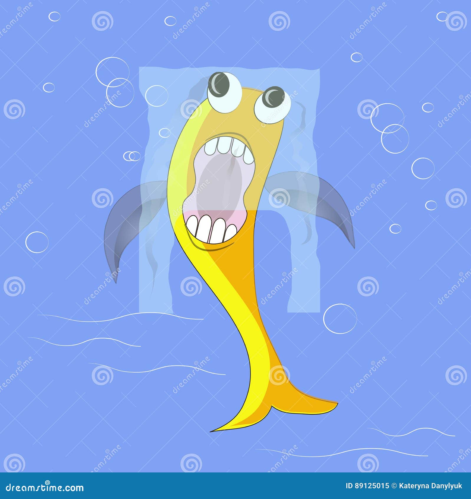 Yellow Fish In Plastic Bag In Blue Ocean, Rubbish Pollution Cartoon ...