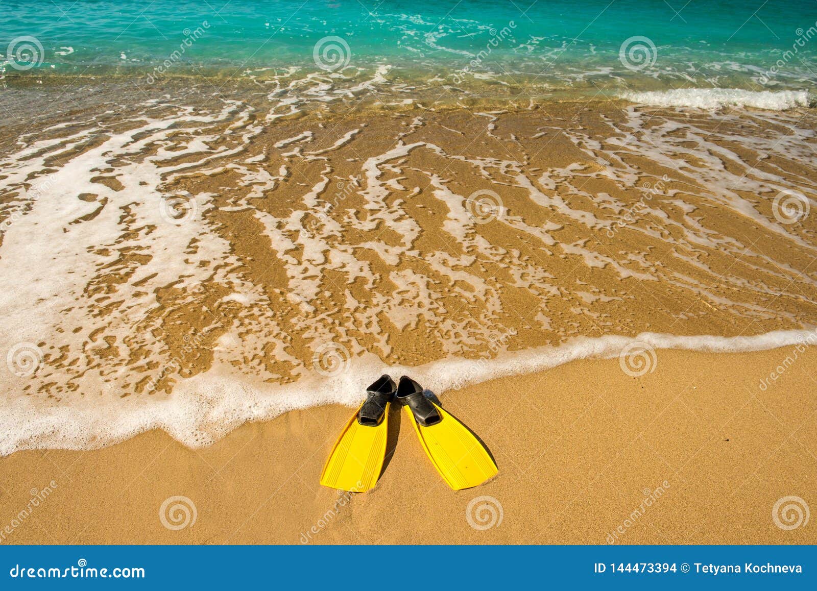 Yellow Flippers on Sand Beach Stock Photo - Image of gear, flippers ...