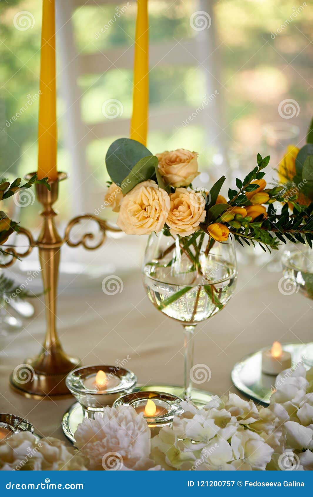 Yellow Flowers Details of the Wedding Table Decorated with Flowers ...