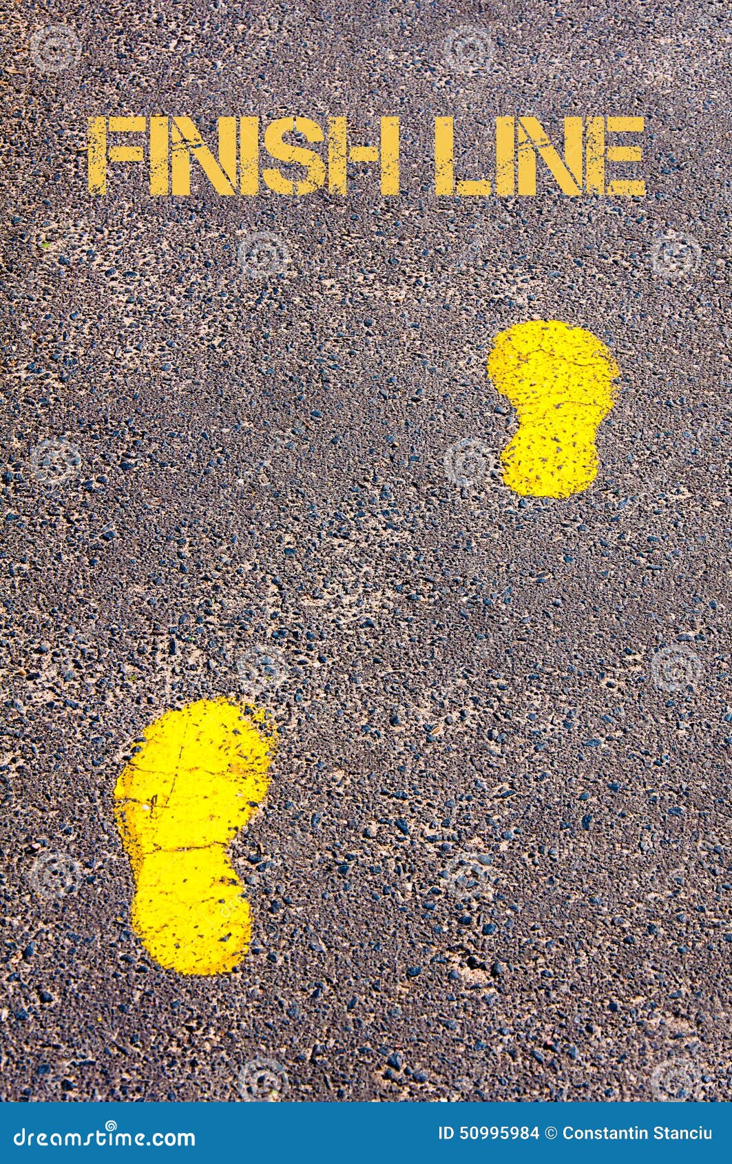 Yellow Footsteps on Sidewalk Towards Finish Line Message Stock Photo ...