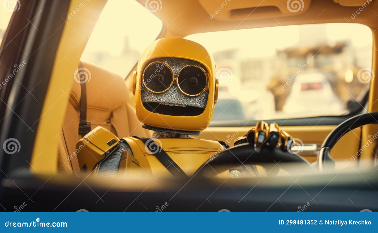 Yellow Friendly Robot Driving a Car. Inside the Car Stock Illustration ...
