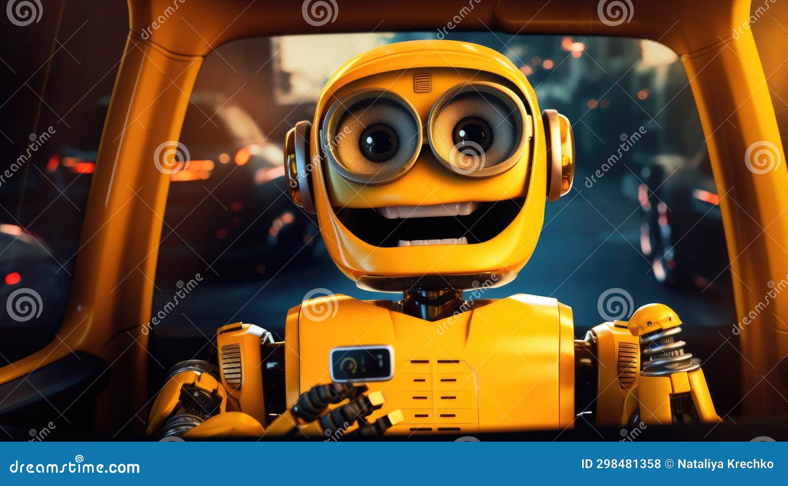 Yellow Friendly Robot Driving a Car. Inside the Car Stock Photo - Image ...