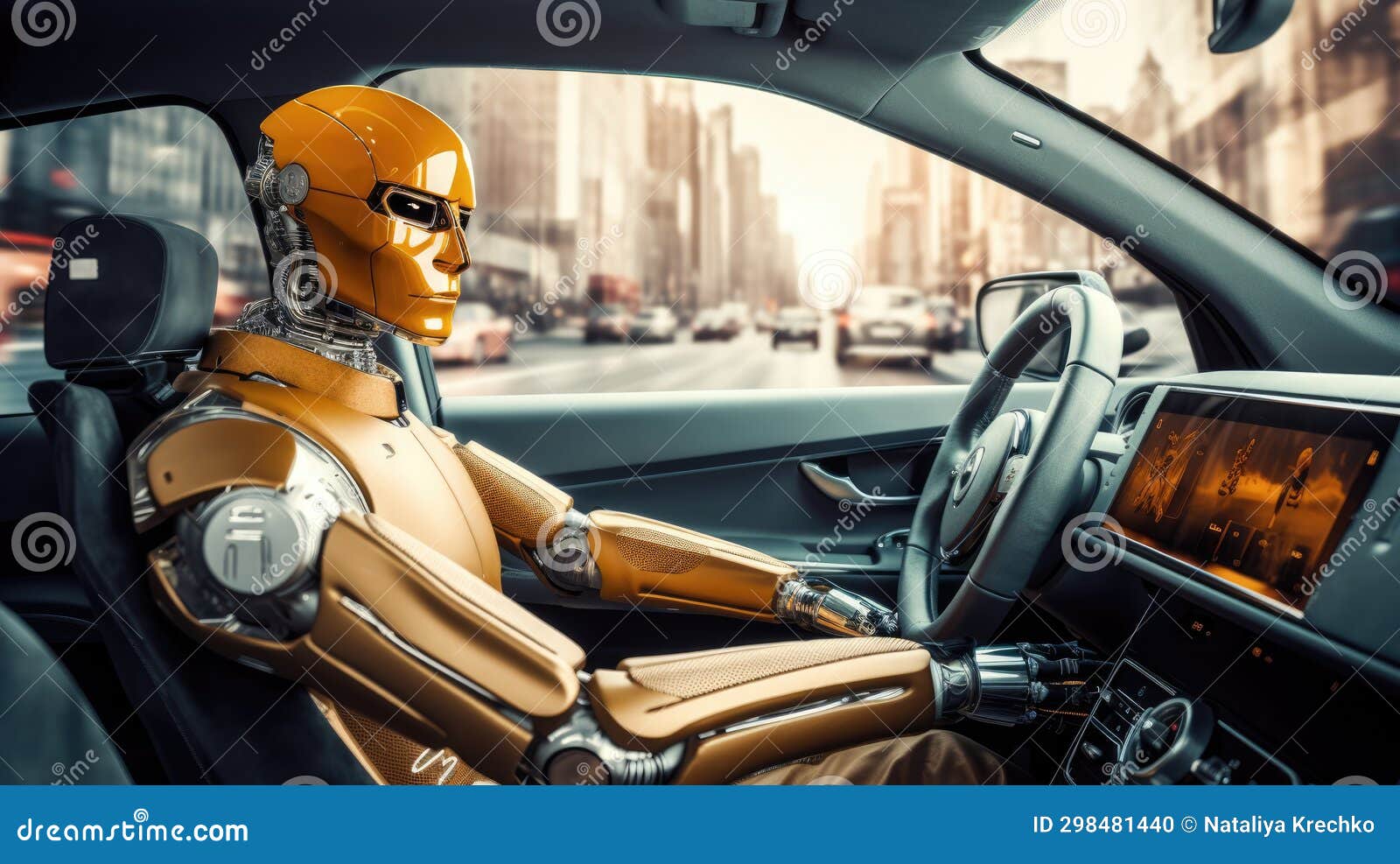 Yellow Friendly Robot Driving a Car. Inside the Car Stock Photo - Image ...