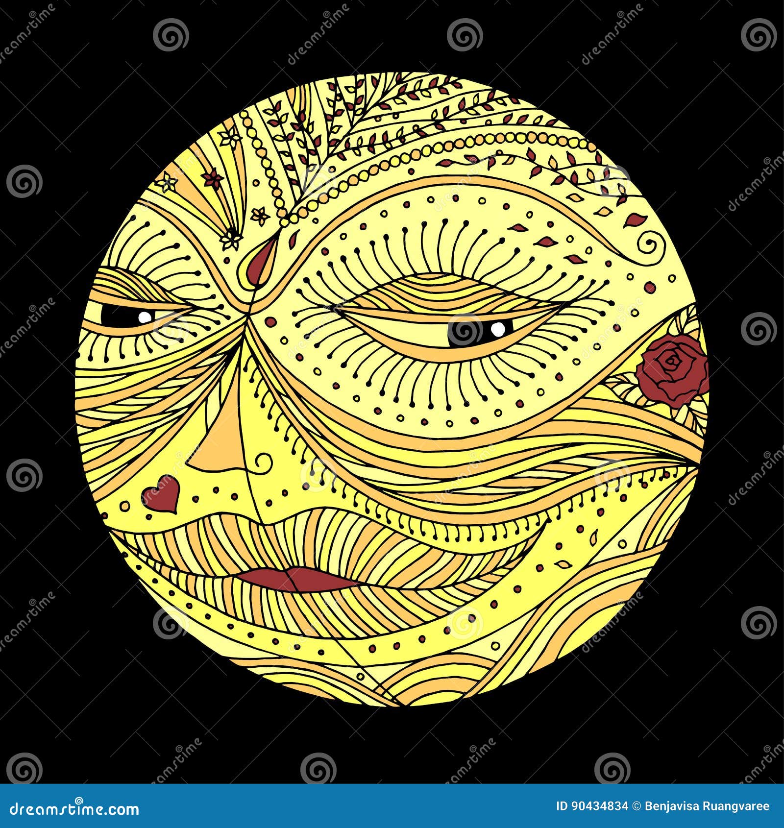 Yellow Full Moon in Dark Night Hand Drawing Vector Zentangle Stock ...