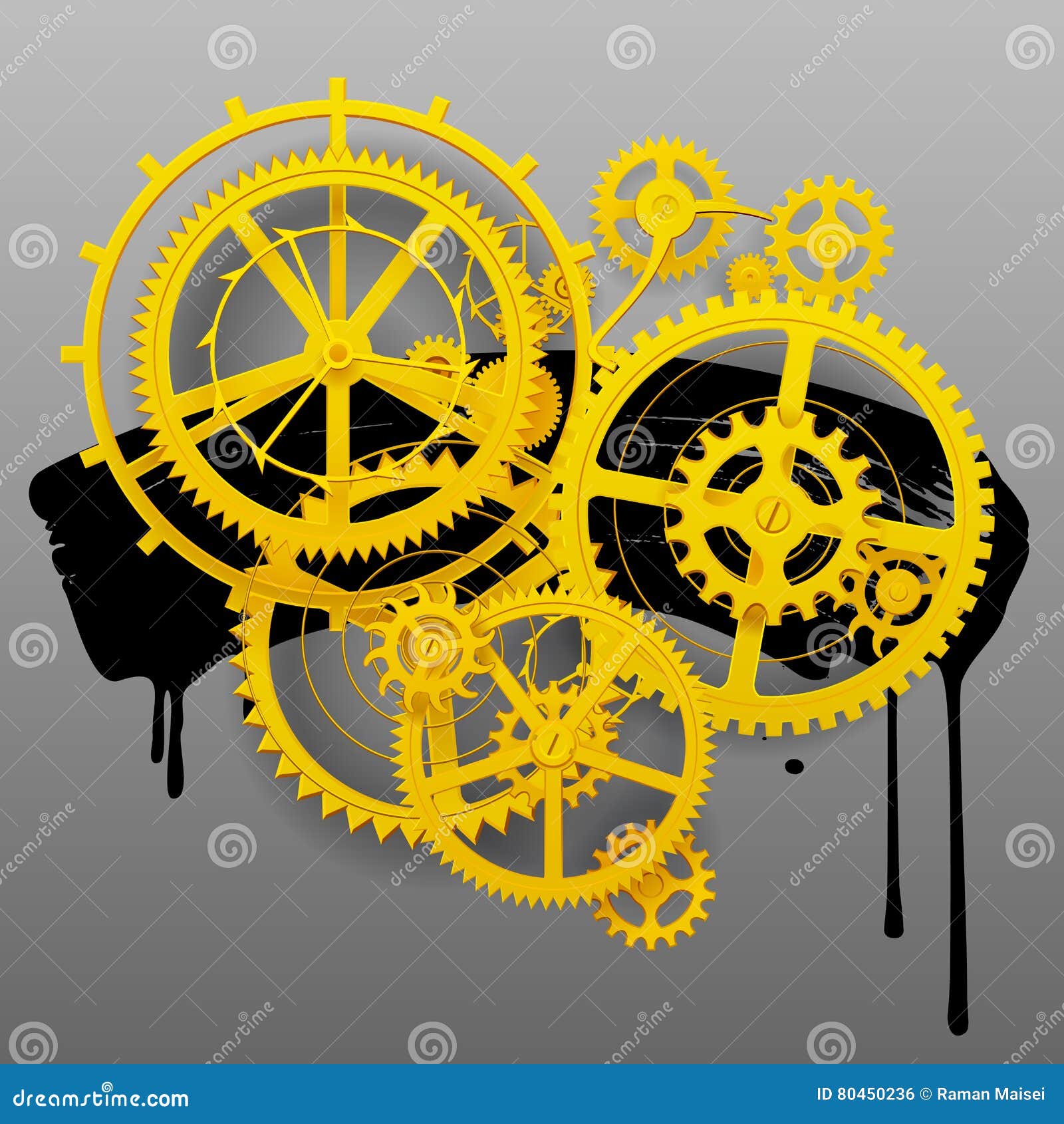 Yellow Gear Wheels of Clockwork with Black Blot on Gray Stock Vector ...