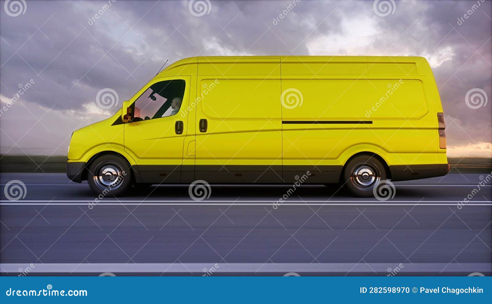 Yellow Generic Delivery Van on Highway. Very Fast Driving. Stock ...