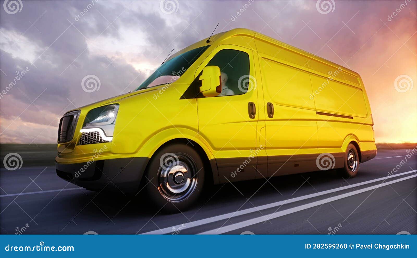 Yellow Generic Delivery Van on Highway. Very Fast Driving. Stock ...