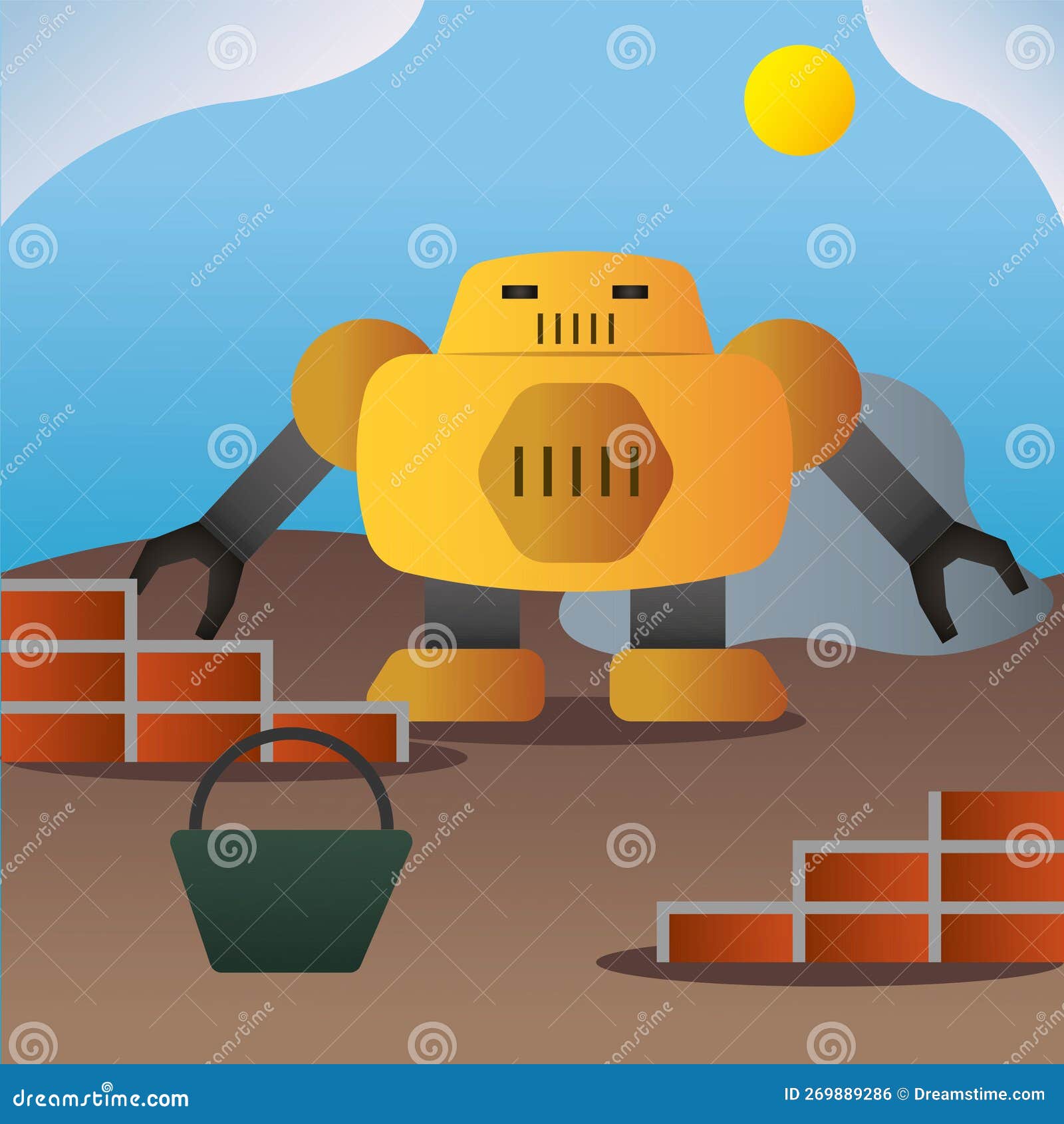 Yellow Giant Robot Building a Wall with Bricks Vector Stock Vector ...