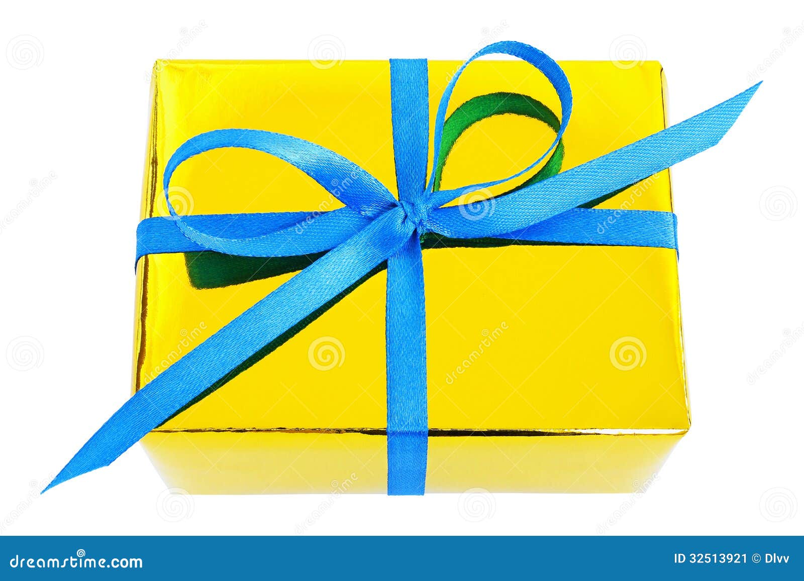 Yellow Glossy Gift Wrapped Present with Blue Satin Bow Stock Image ...