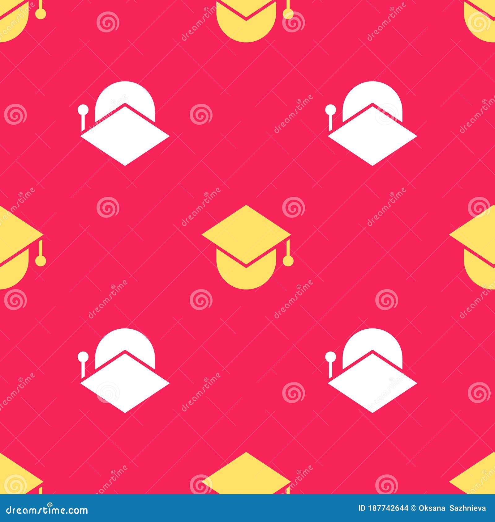 Yellow Graduation Cap on Globe Icon Isolated Seamless Pattern on Red ...