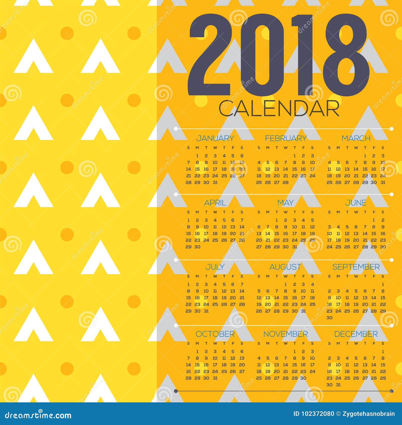 2018 Yellow Graphic Pattern Printable Calendar Starts Sunday Stock ...