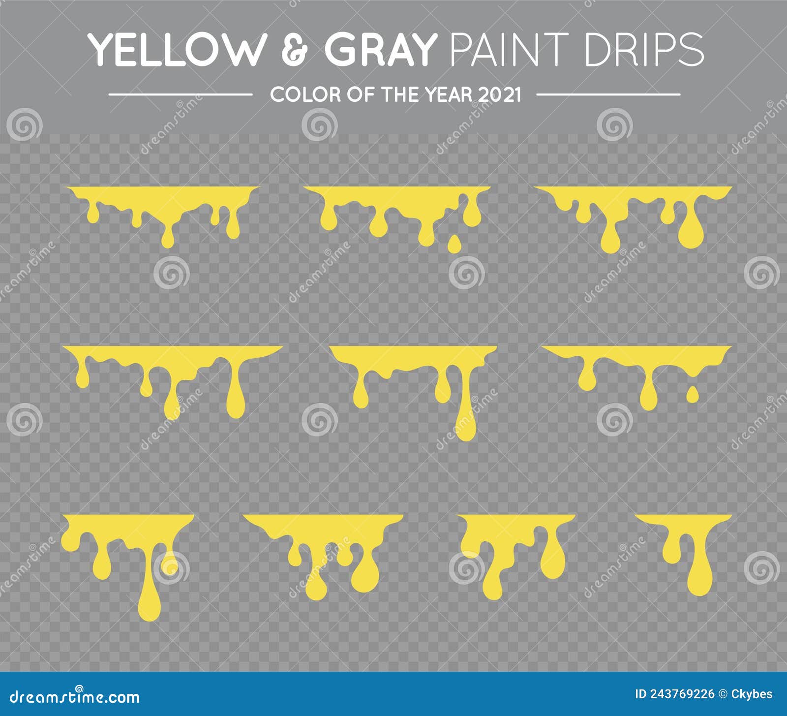 Yellow and Gray Dripping Paint Set. Liquid Drips. Paint Flows. Stains ...