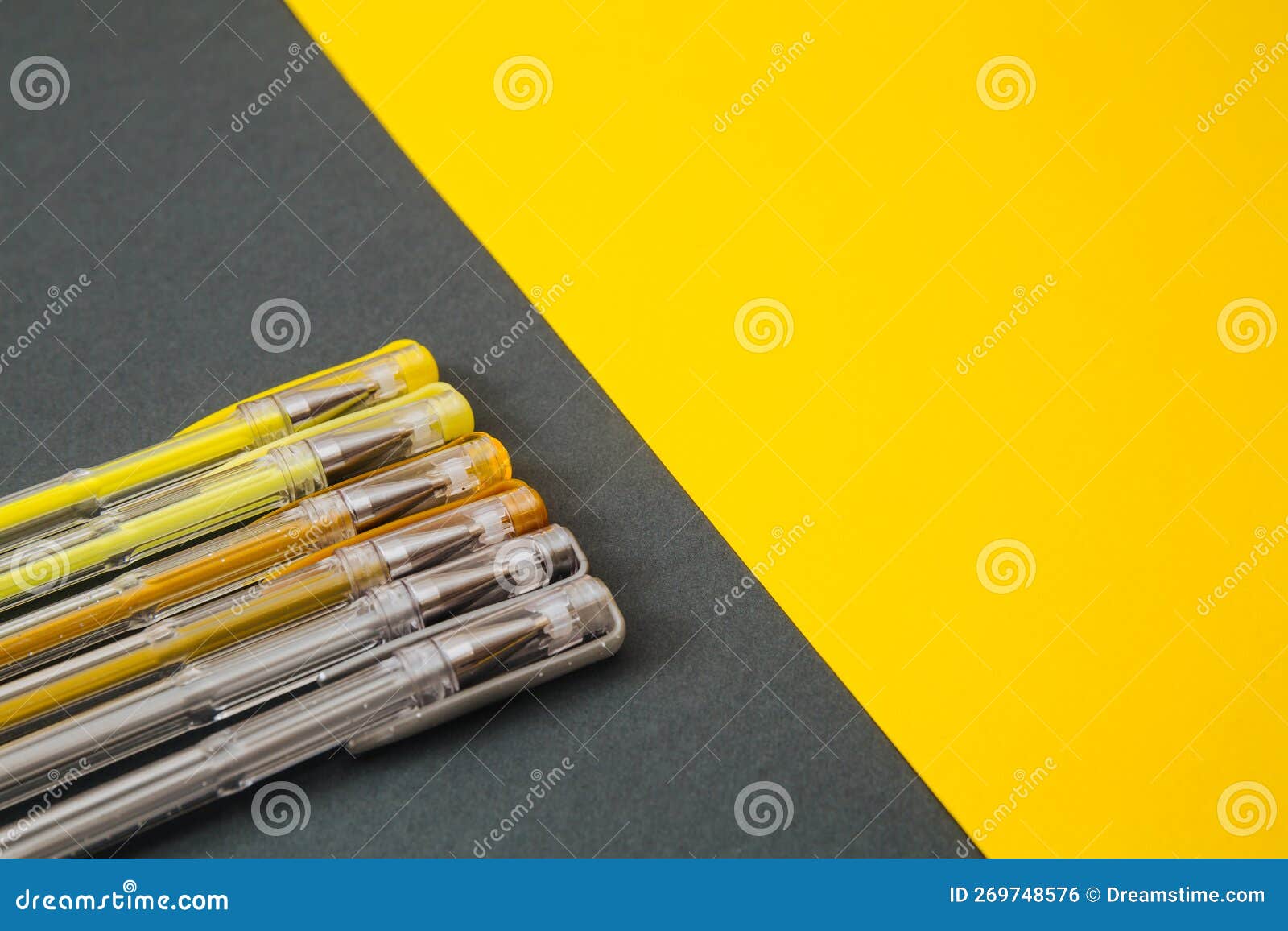 Yellow and gray gel pens. stock photo. Image of recreation - 269748576