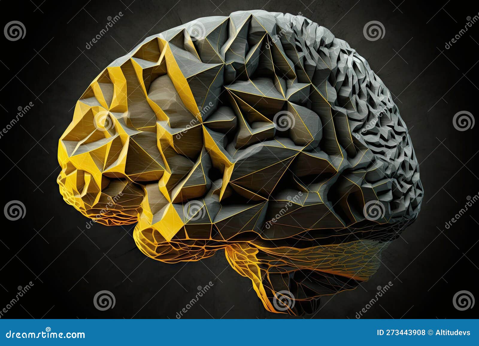 Yellow Gray Image of Human Brain in Triangular on Black Background ...