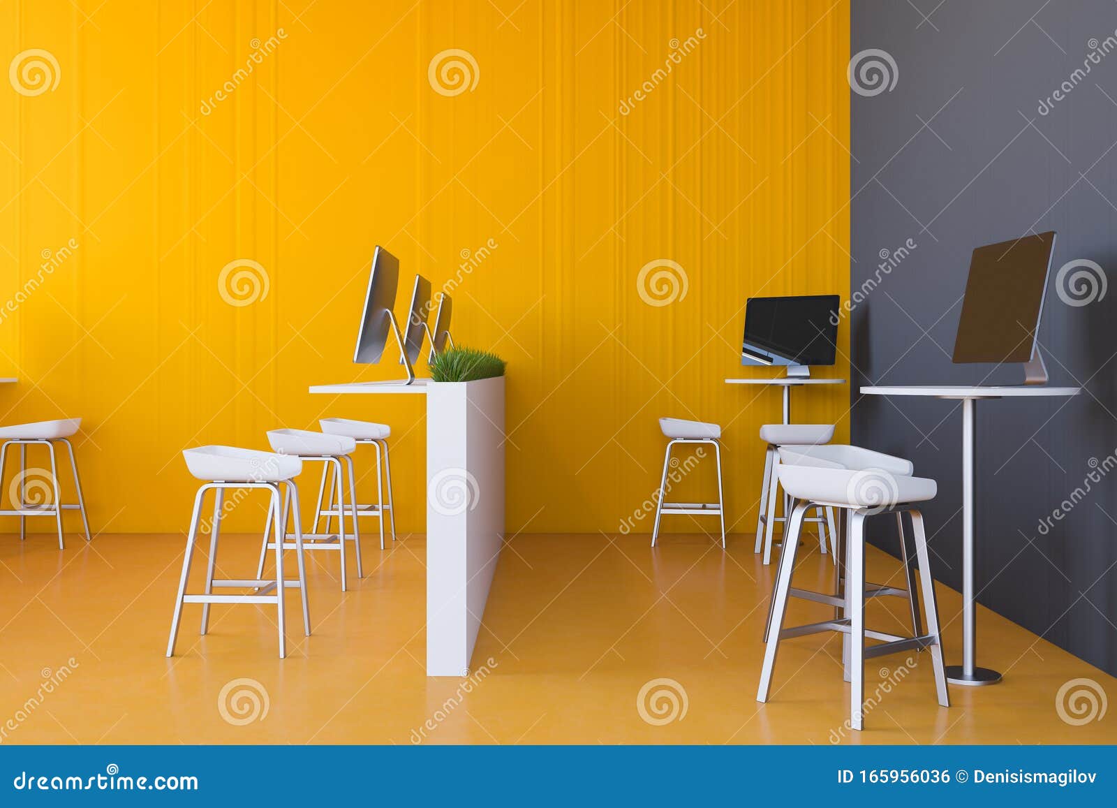 Yellow and Gray Open Space Office with Stools Stock Illustration ...
