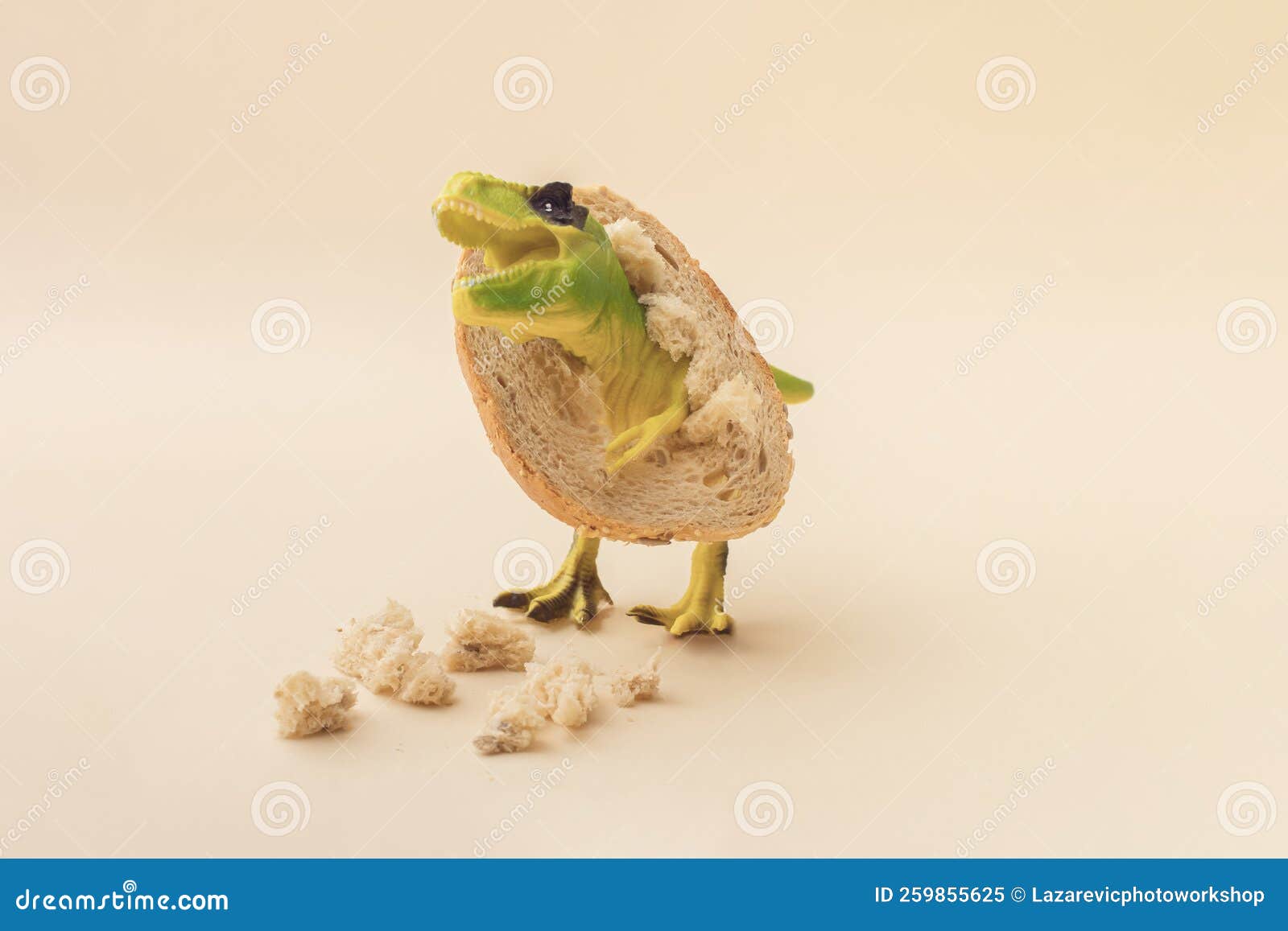 Yellow Green Dinosaur and Slices Crusty Bread Stock Image - Image of ...