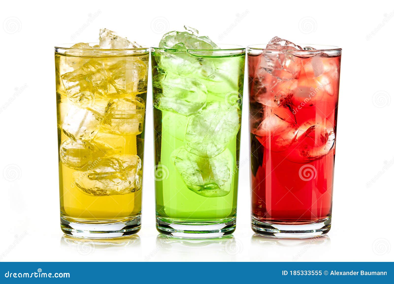 Yellow, Green and Red Drink with Ice Cubes on White Background ...