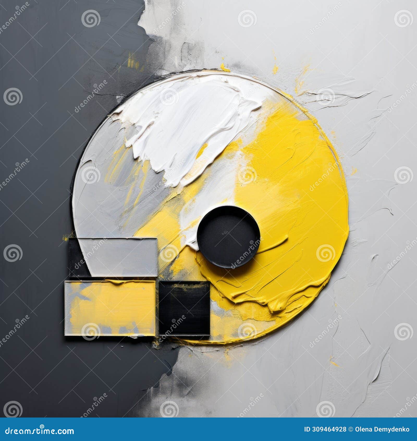 Yellow and Grey Painted Circle with Rectangle and Round Cutouts on a ...