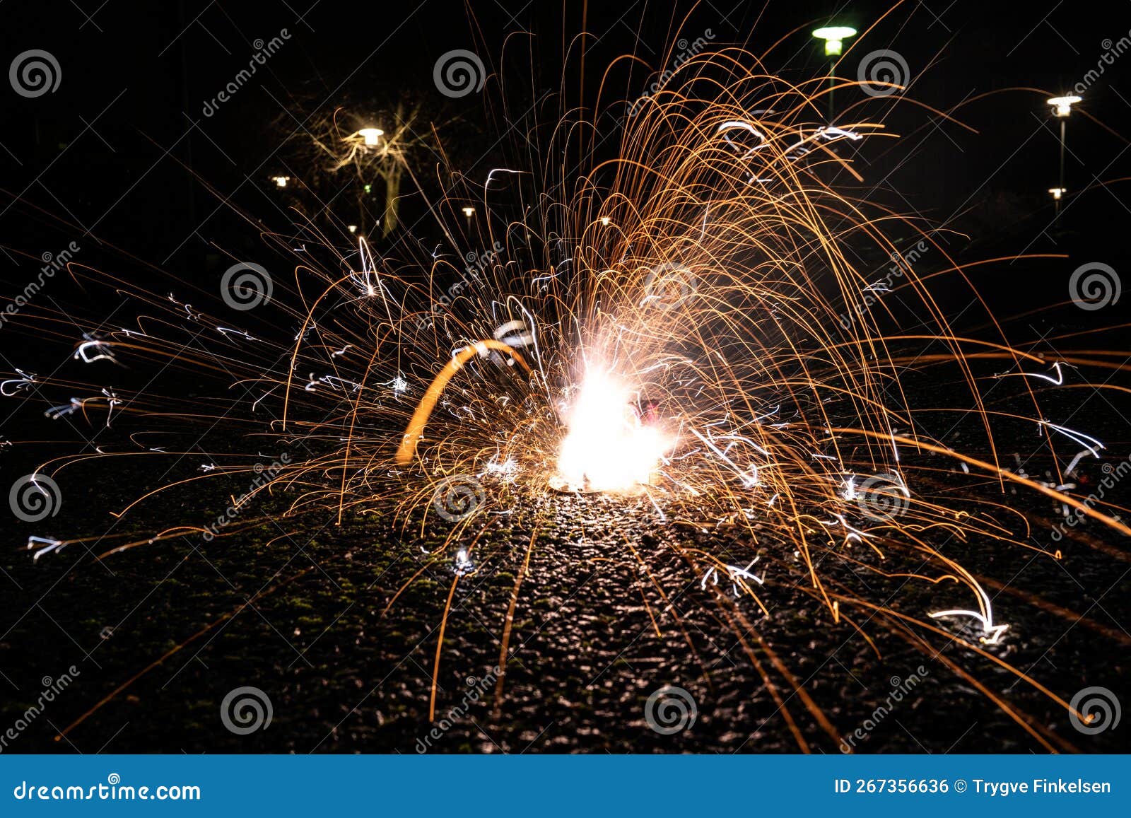 Yellow Ground Fireworks on Asphalt.. Stock Photo - Image of long ...