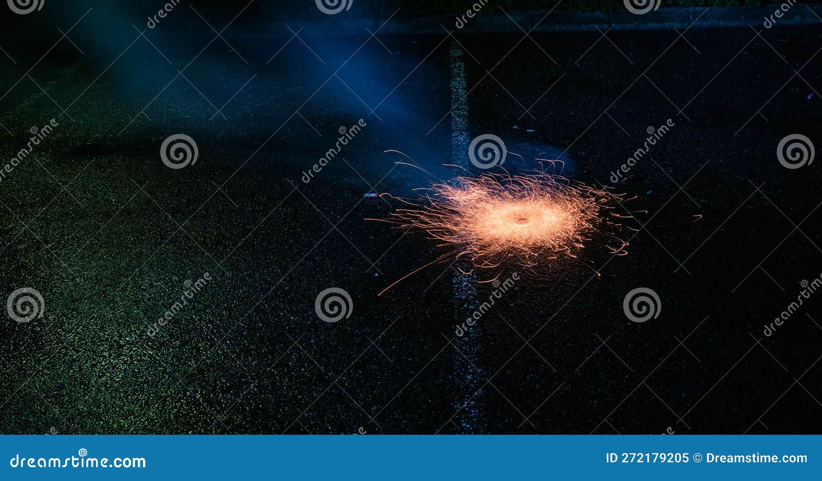 Yellow Ground Fireworks on Asphalt.. Stock Image - Image of long ...