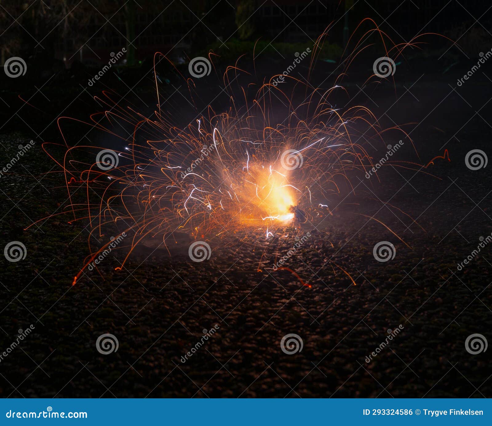 Yellow Ground Fireworks on Asphalt.. Stock Photo - Image of long ...