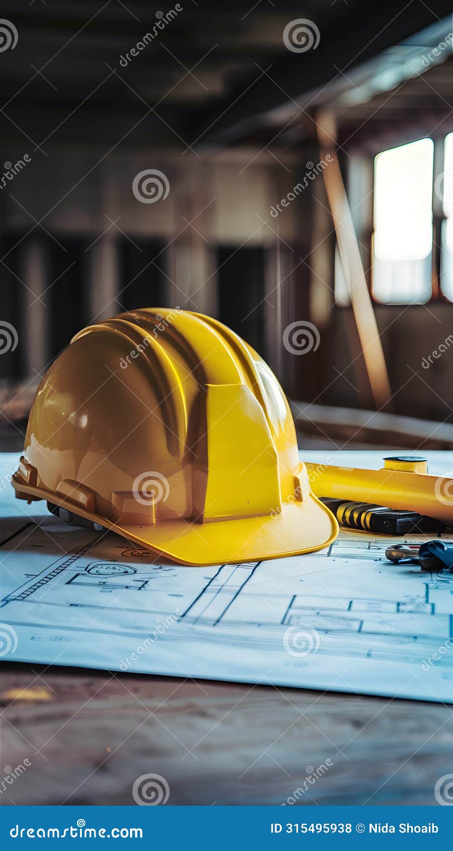 Yellow Hard Hat and Blueprint on Construction Site Table Stock Photo ...