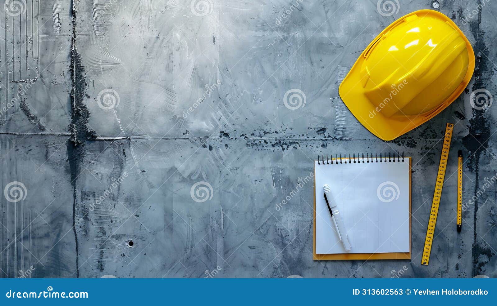 Yellow Hard Hat, White Ruler, Notebook on Concrete - Realistic Photo ...