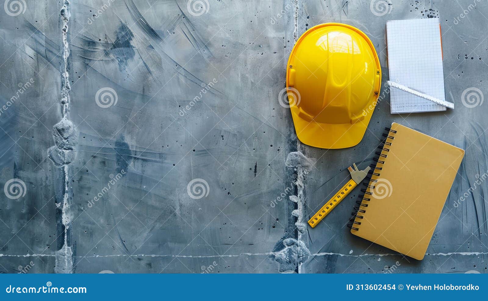 Yellow Hard Hat, White Ruler, and Notebook on Gray Concrete Background ...