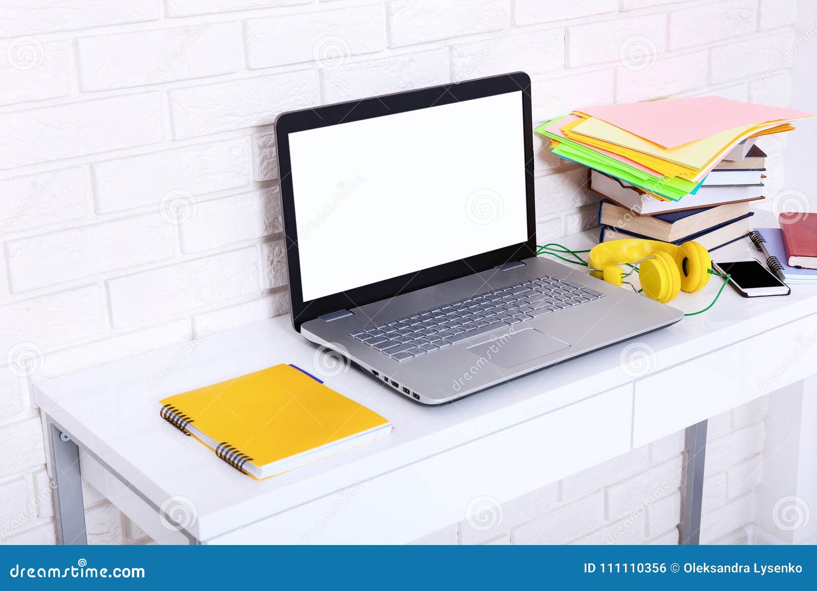 Yellow Headphones on Modern Workspace with Electronic Devices and Copy ...