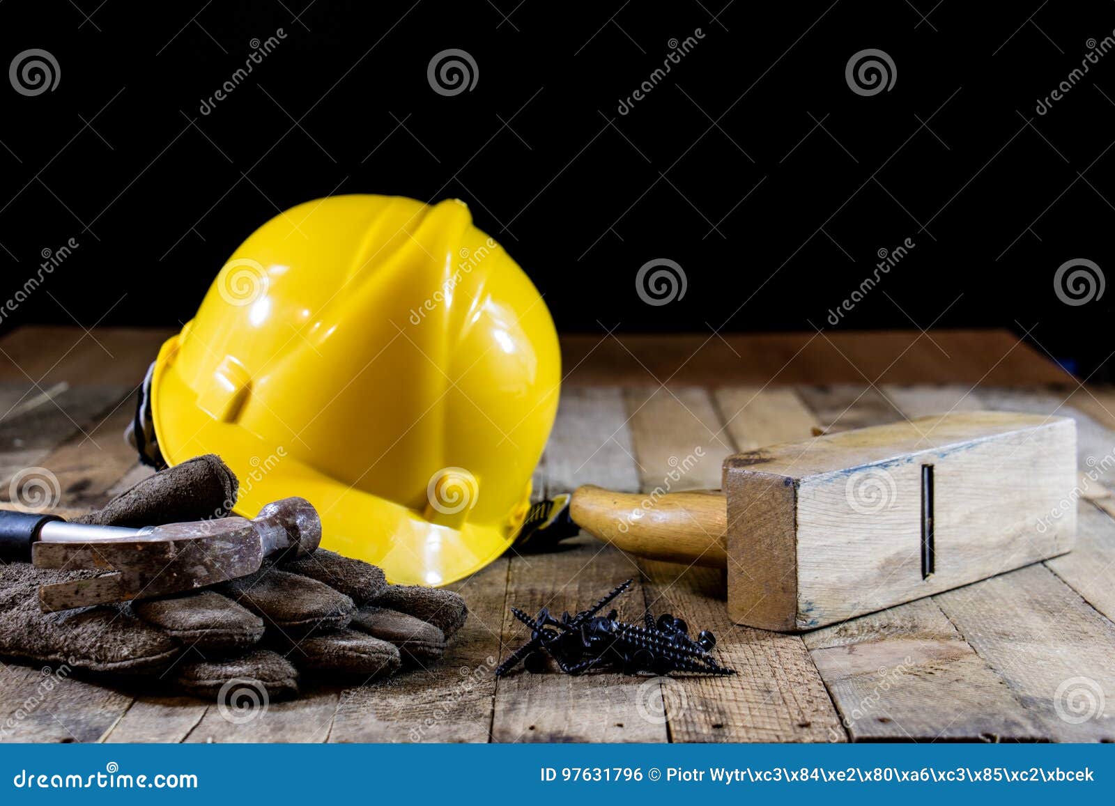 Yellow Helmet and Carpenter Tools. Carpenter and Old Wooden Table Stock ...