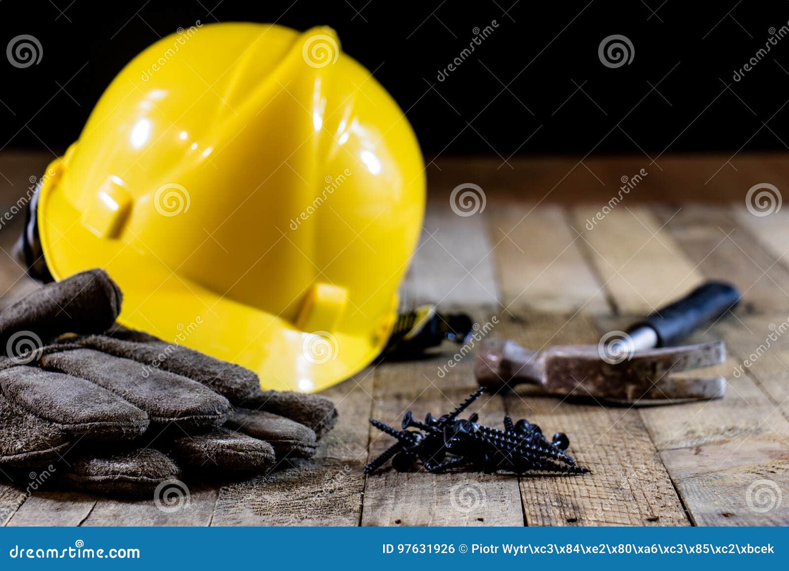 Yellow Helmet and Carpenter Tools. Carpenter and Old Wooden Table Stock ...