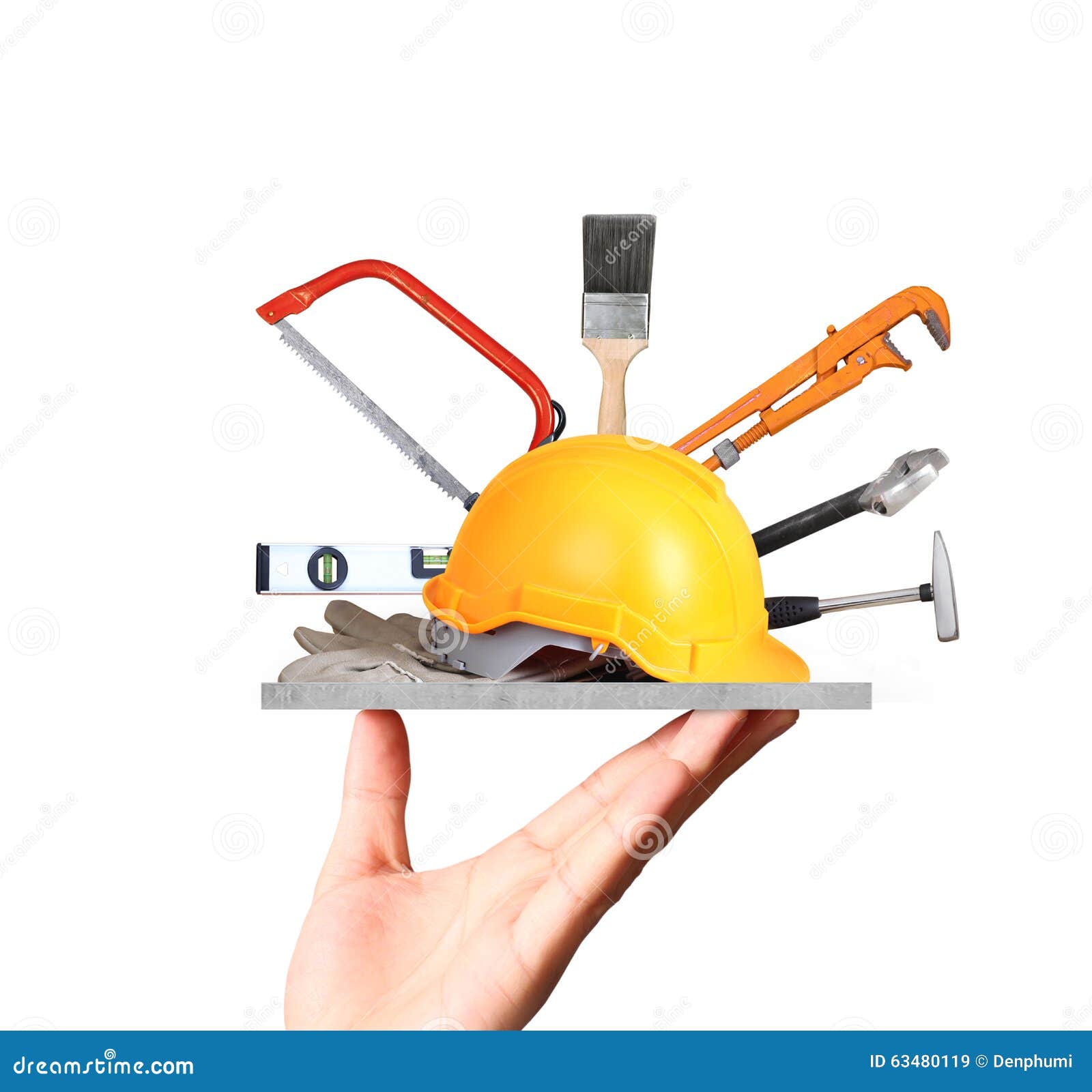 Yellow Helmet Plastic Safety and Tools in Hand Stock Image - Image of ...