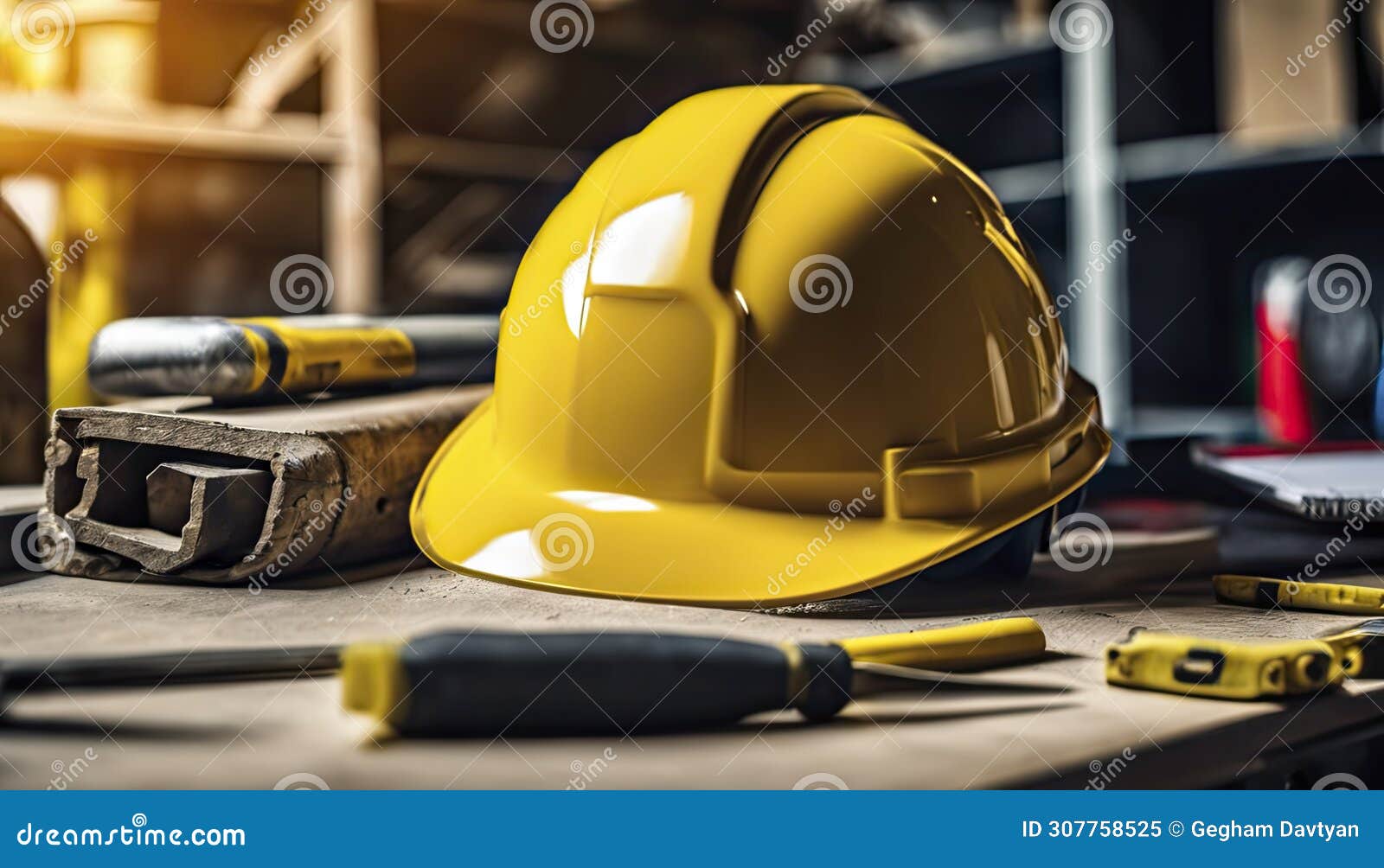 Yellow Helmet on the Table, Construction Equipments on the Table ...