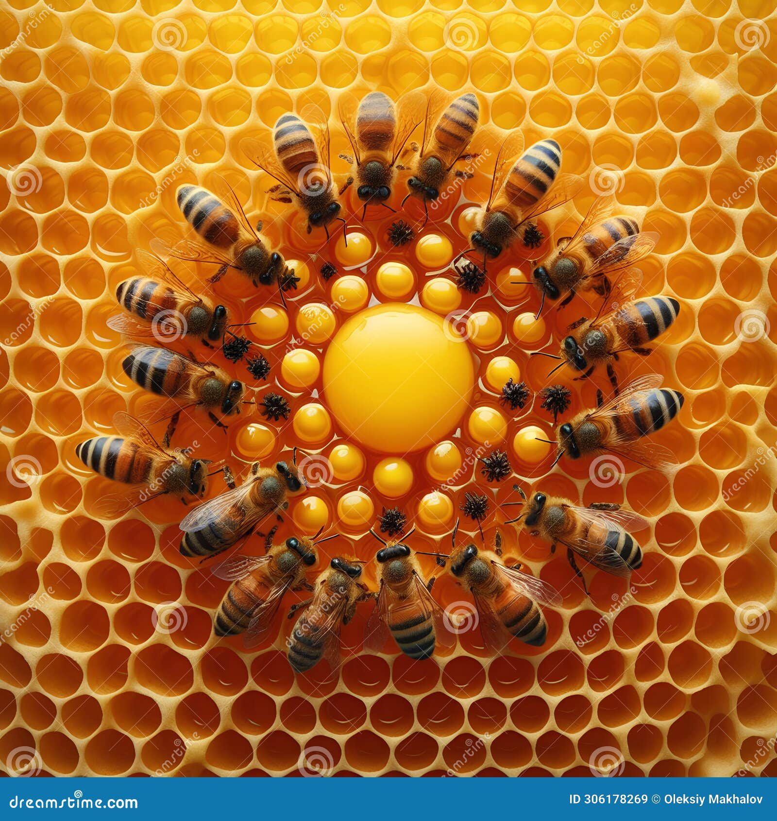 Yellow Honey Cells with Five Bees on Them Top View Stock Illustration ...