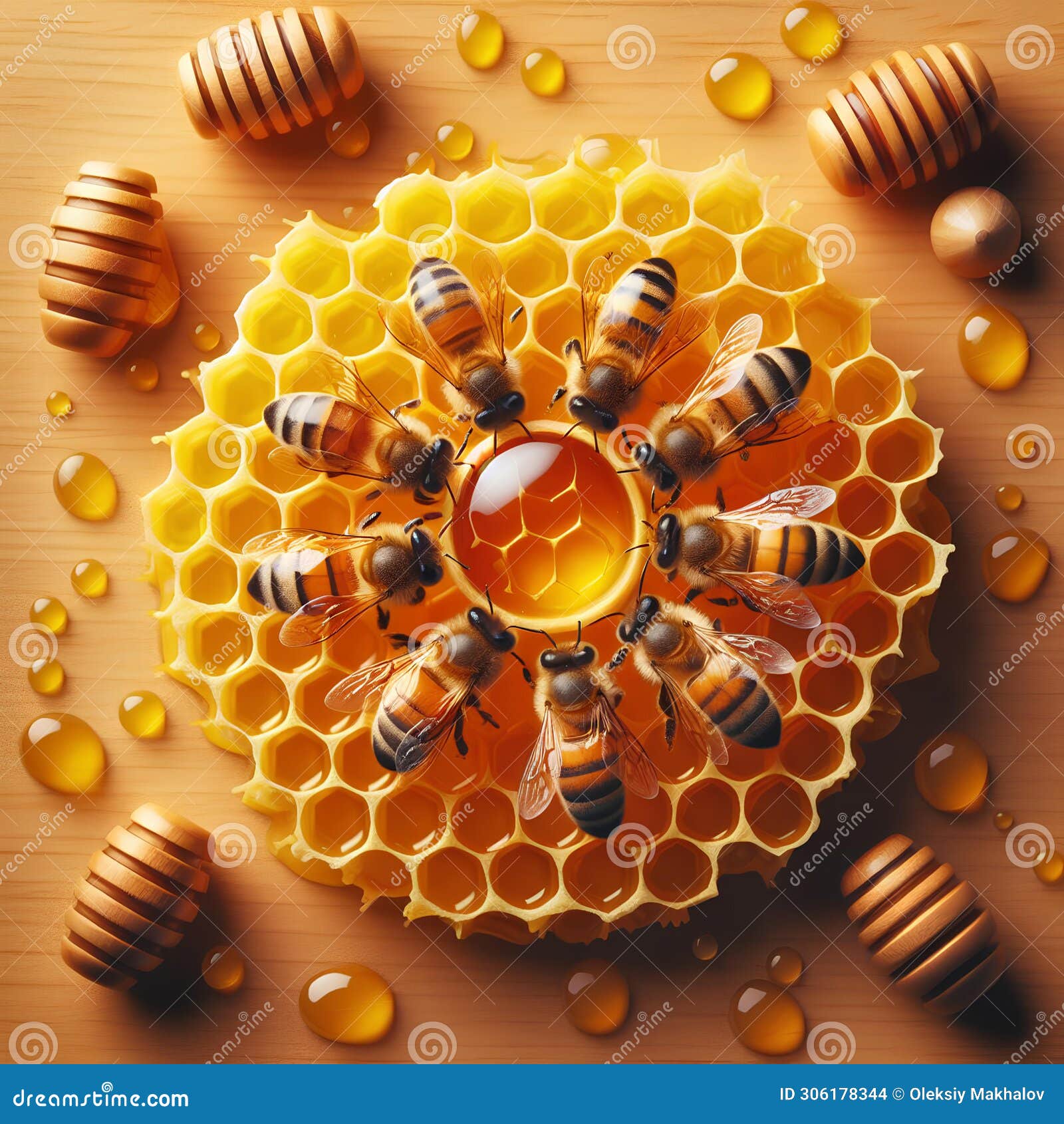 Yellow Honey Cells with Five Bees on Them Top View Stock Illustration ...