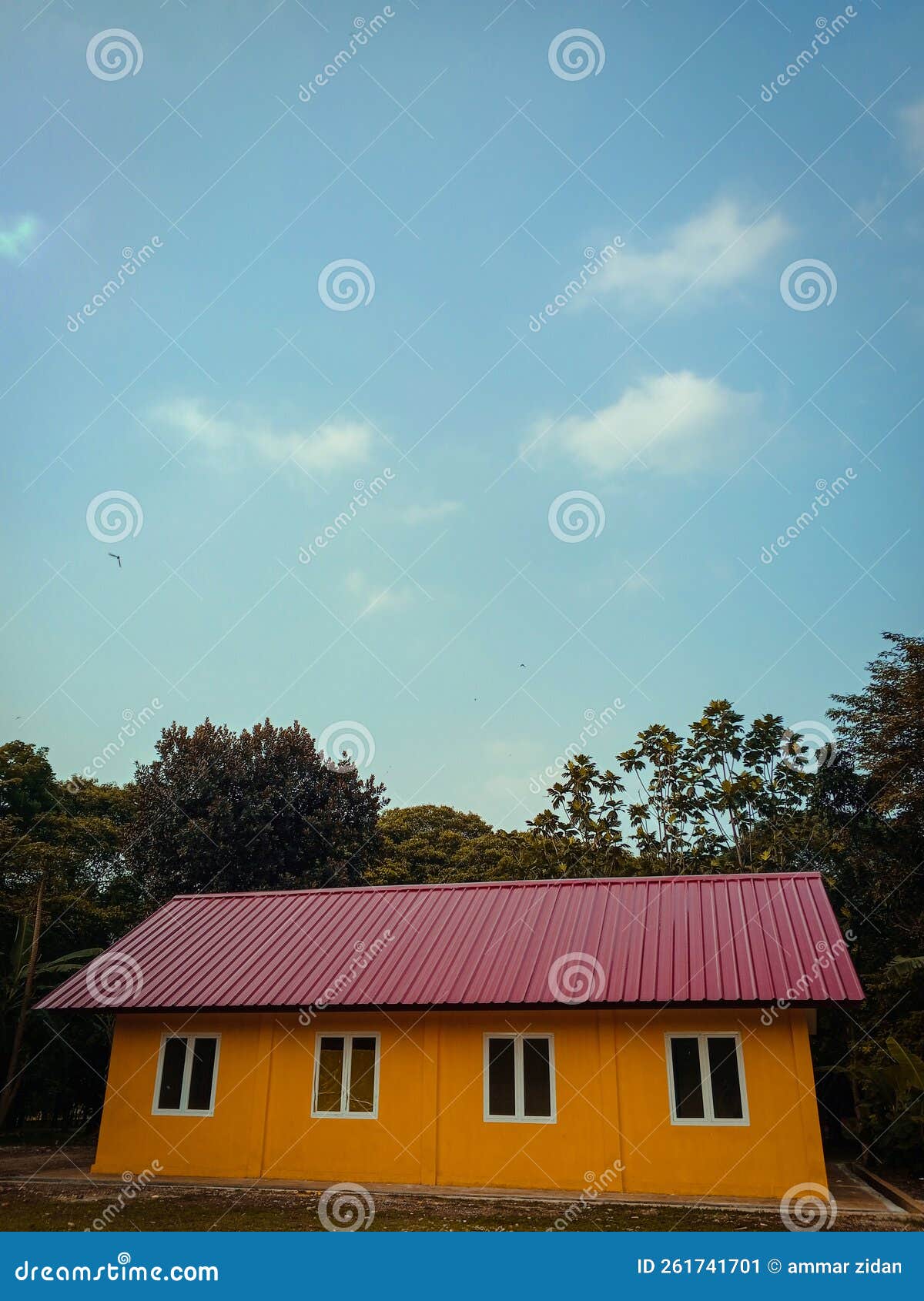 Yellow House with Blue Sky Background and the Tree Stock Image - Image ...