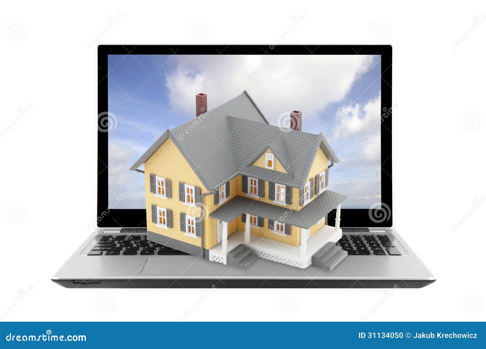 Yellow house on laptop stock photo. Image of notebook - 31134050