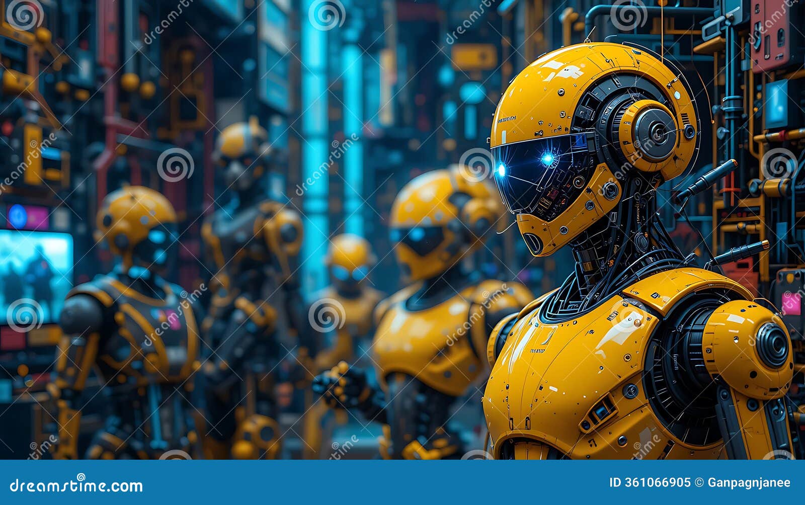 Yellow Humanoid Robots in a Neon-lit, High-tech Environment. AI Robots ...