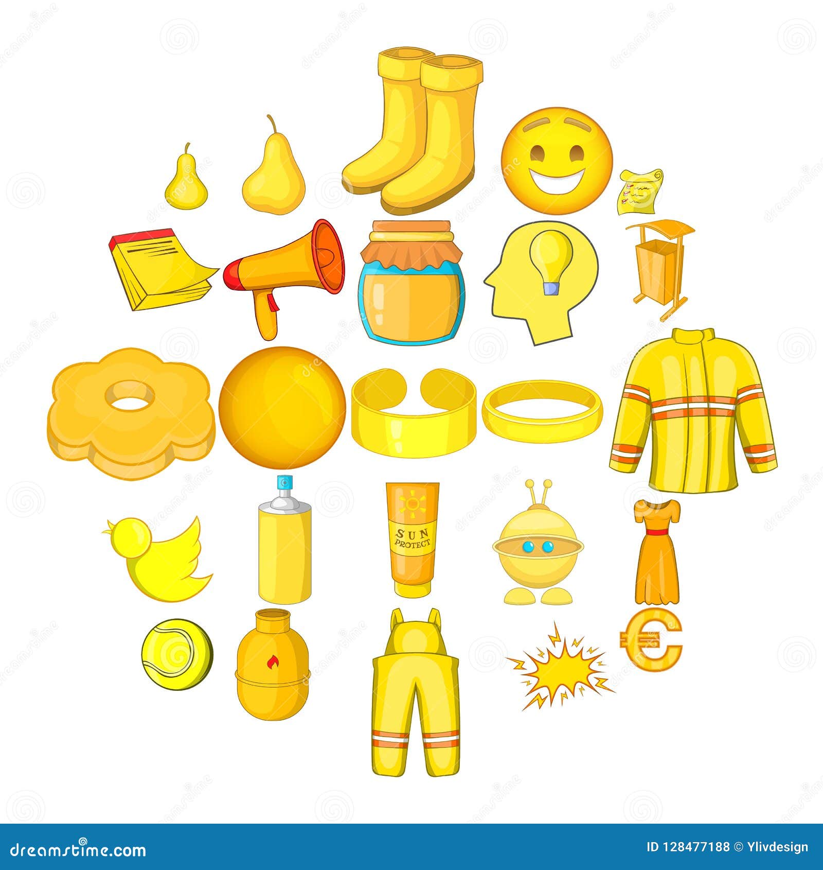 Yellow Icons Set, Cartoon Style Stock Vector - Illustration of male ...