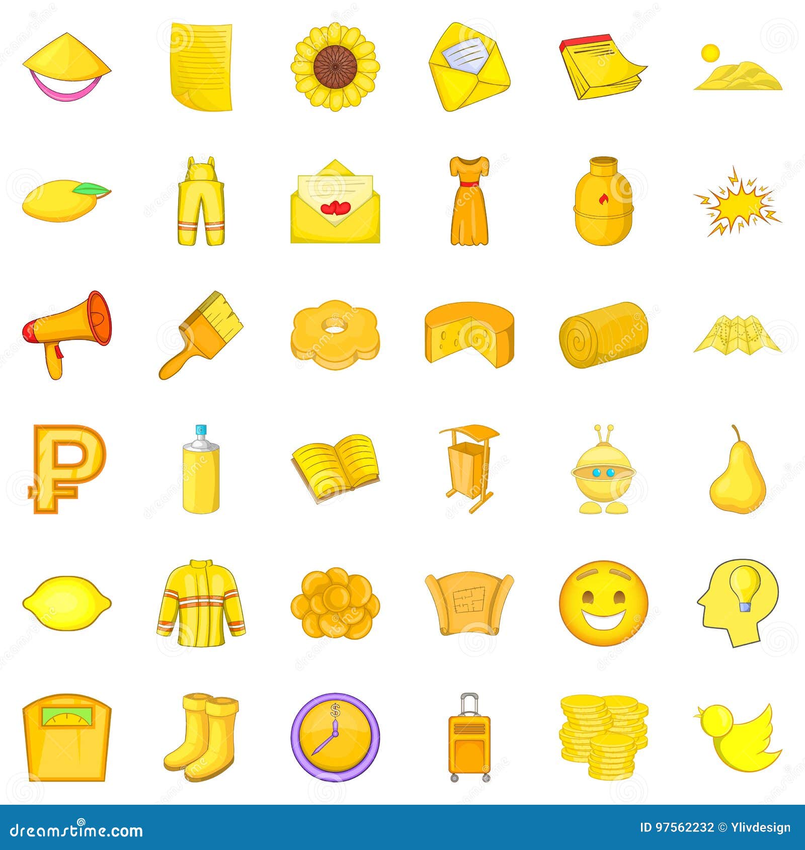 Yellow Icons Set, Cartoon Style Stock Vector - Illustration of roll ...