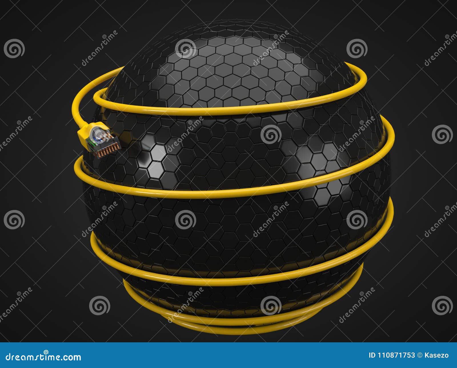 Yellow Internet Cable Around Tech Sphere. Conceptual 3d Illustration of ...
