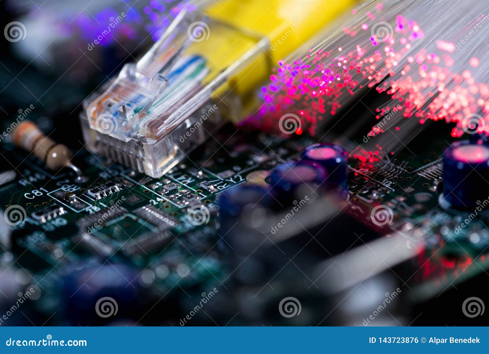 Yellow Internet Switch on Computer Circuit Board , Glowing Optical ...