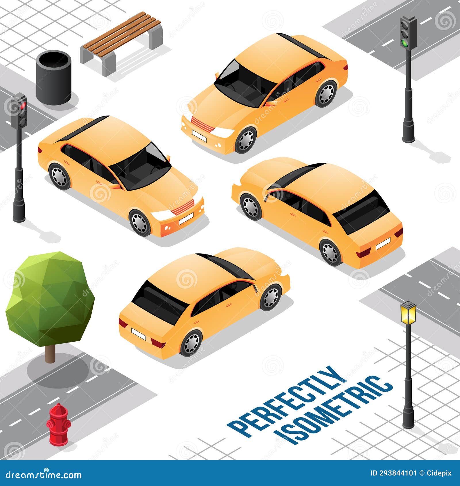 Yellow Isometric Long Car from Front Back Right and Left Stock Vector ...